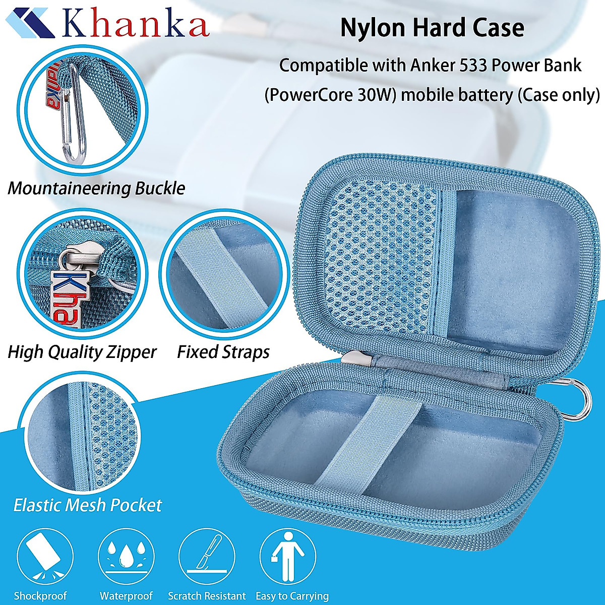 khanka Hard Travel Case for Anker 3-in-1 Fast Charging Charger with Built-in USB-C Cable/Anker 533 Power Bank/Anker Nano Power Bank,10000mAh Portable Charger (PD 30W max. Leistung),Case Only（Blue）