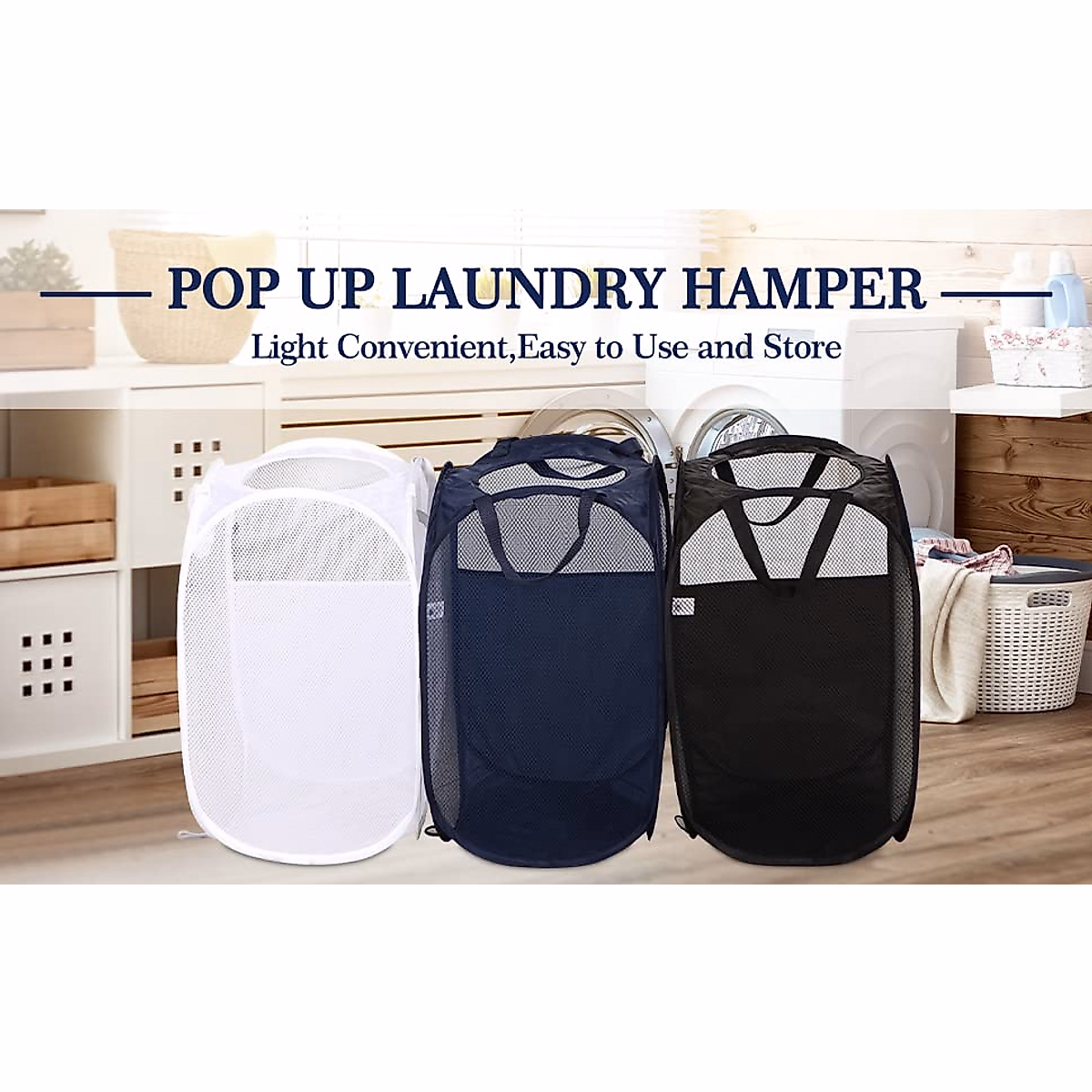 6 Pcs Mesh Popup Laundry Hamper (Black/White/Blue),Popup Laundry Basket with Durable Handles,Foldable Pop-up Mesh Hamper Dirty Clothes Basket for Kids Room, College Dorm or Travel