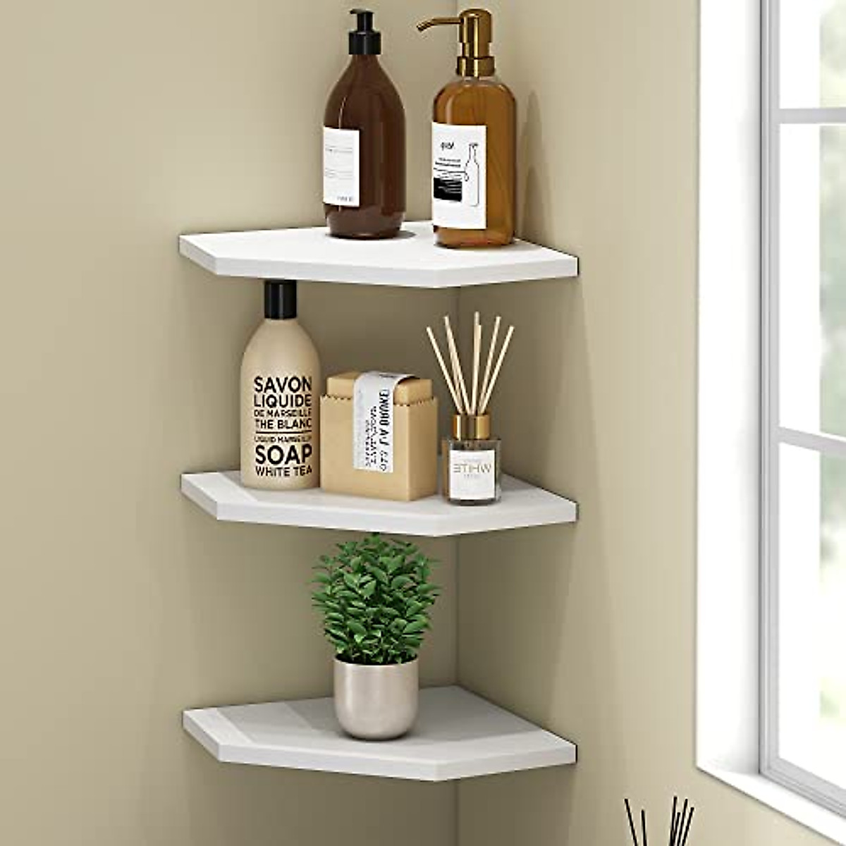 POCURBAN 12" Floating Corner Shelves Set of 3,Wall Mounted Storage Shelf with White Painted Finish for Small Plant, Photo Frame, Toys TV Accessories, Speaker, Cable Box, Game Console and More