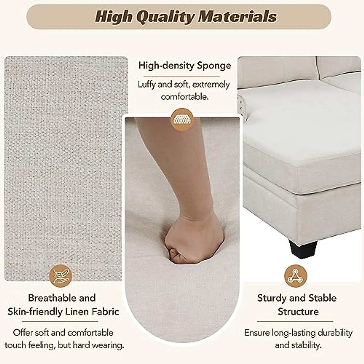 FULife Modern U-Shaped Sectional Sofa with Chaise Lounge,Comfy Modular Couch w/Nailhead Trim Armrest,Linen Fabric Upholstered 6-Seater Corner Sofá for Living Room Apartment Office, Beige 120" w