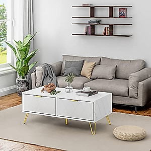 Scurrty 39.4'' Coffee Table with Large Drawers & 2 Open Storage Shelves, White Modern Coffee Tables with Gold Metal Handles for Living Room, Bedroom and Study (White)