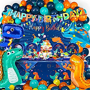 HJINGY 265 PCS Dinosaur Party Decorations, Blue Dinosaur Birthday Party Supplies for Boys Include Dinosaur Balloons, Customized Backdrop, Happy Birthday Banner, Tablecloth, Plates, Cake Toppers