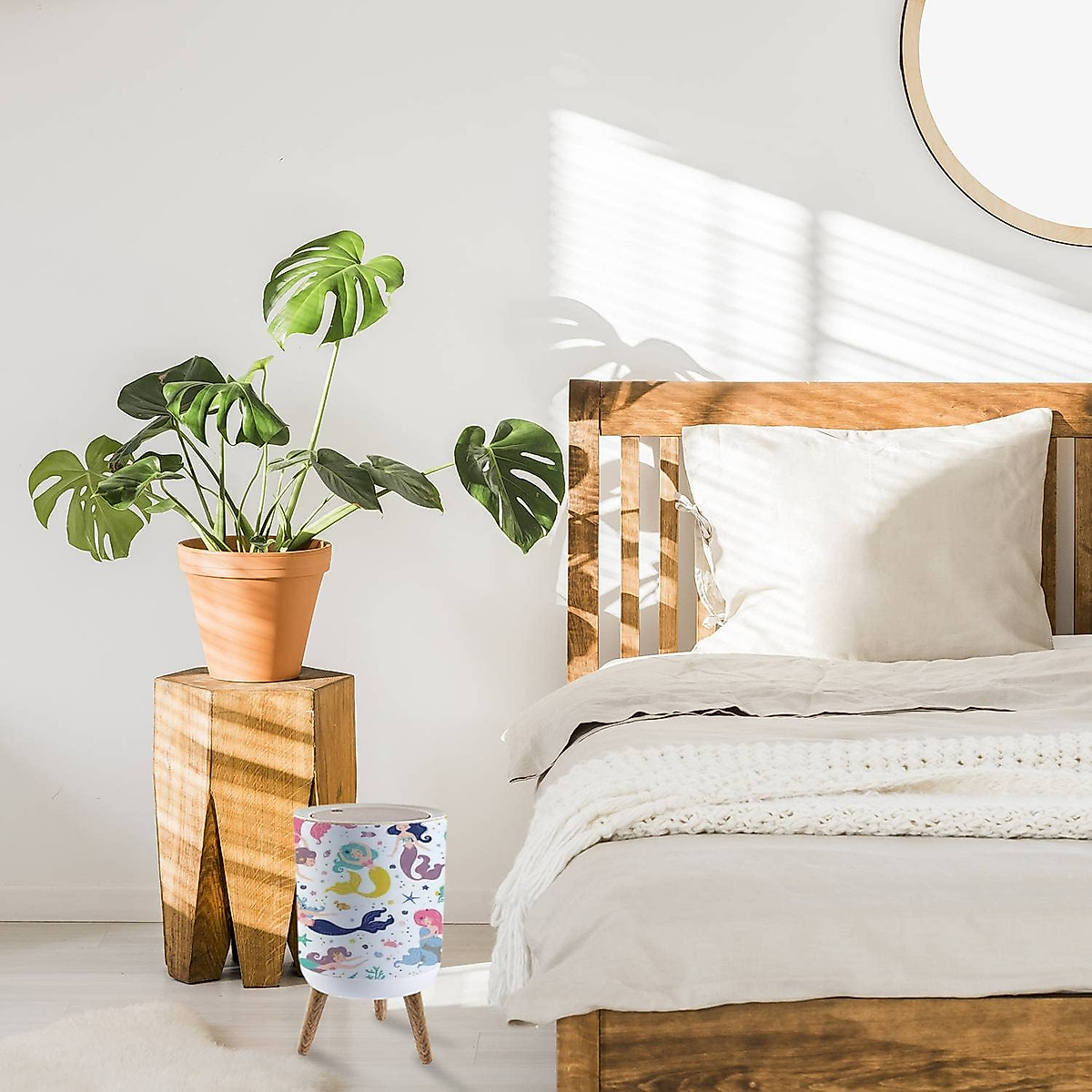 LOPYEIJFG Seamless Childish Cute Mermaids Creative Kids Texture for Fabric Trash Can with Lid Kitchen Bathroom Bedroom 1.8 Gallon Press Cover Wastebasket Office Wood Small Garbage Bin Waste Bin