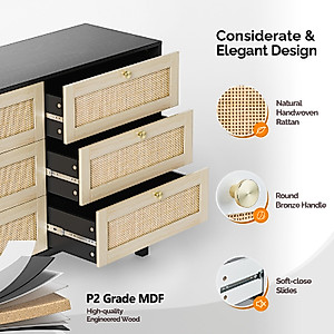 VINGLI Rattan Dresser, Boho Dresser, 47" Long Dresser, Black Rattan Dresser 6 Drawer Dresser, Rattan Dresser for for Bedroom, Black and Gold Dresser, Black Wicker Dresser, Boho Dressers for Bedroom