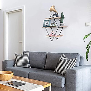 Hoofaway Wall Mounted Storage Shelf 3 Tier Rustic Wood Floating Shelves Decorative Shelf for Bedroom Living Room Bathroom Kitchen Office and More (Rhombus)