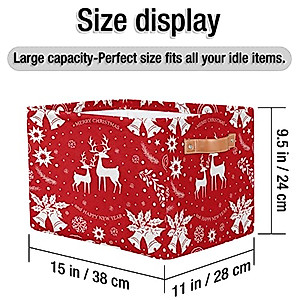 Cute Christmas Decor Storage Basket Bins Cubes Organizer Xmas Red and White Deer Foldable Storage Box with Leather Handles Collapsible Closet Storage Bins for Shelves Kids Toys Closets Nursery Bedroom