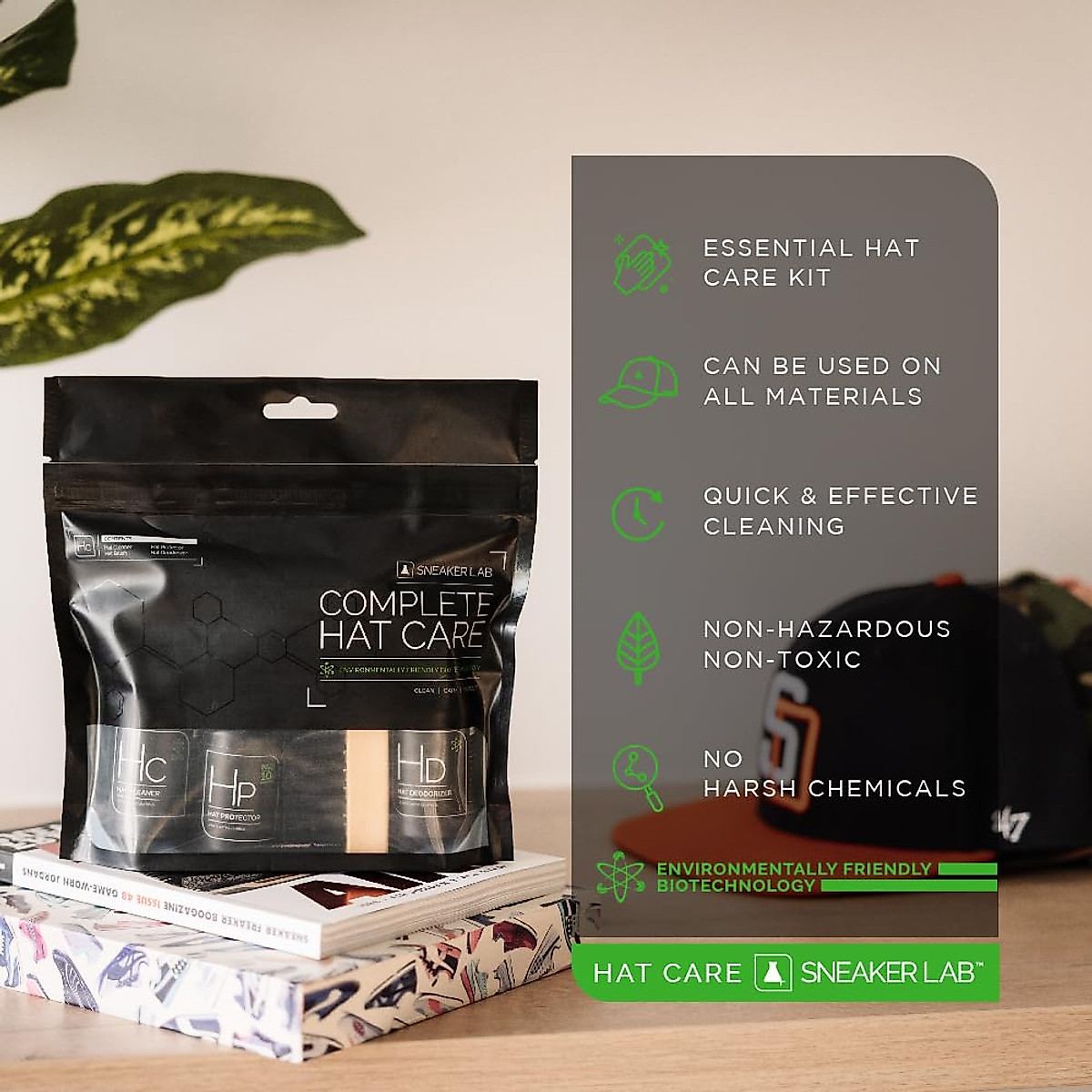 SNEAKER LAB Complete Hat Care Kit - Cleaner + Deodorizer + Protector + Premium Brush - Perfect for Most Materials - 1.7 Fl Oz Bottles