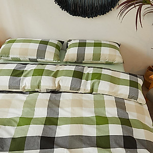 DONEUS 100% Washed Cotton Duvet Cover Queen Size - Green White Plaid Duvet Cover for All Seasons - 3 Pieces Linen Like Soft Comfy Duvet Cover Set with 2 Pillow Shams (Green, Queen, 90"x90")