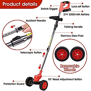 Weed Eater Electric Weed Wacker Battery Powered Lightweight 3 in 1 Small Push Lawn Mower Stringless Trimmer 3 Lawn Tools with Lightweight Wheeled for Home Garden Yard Mowing (Red)