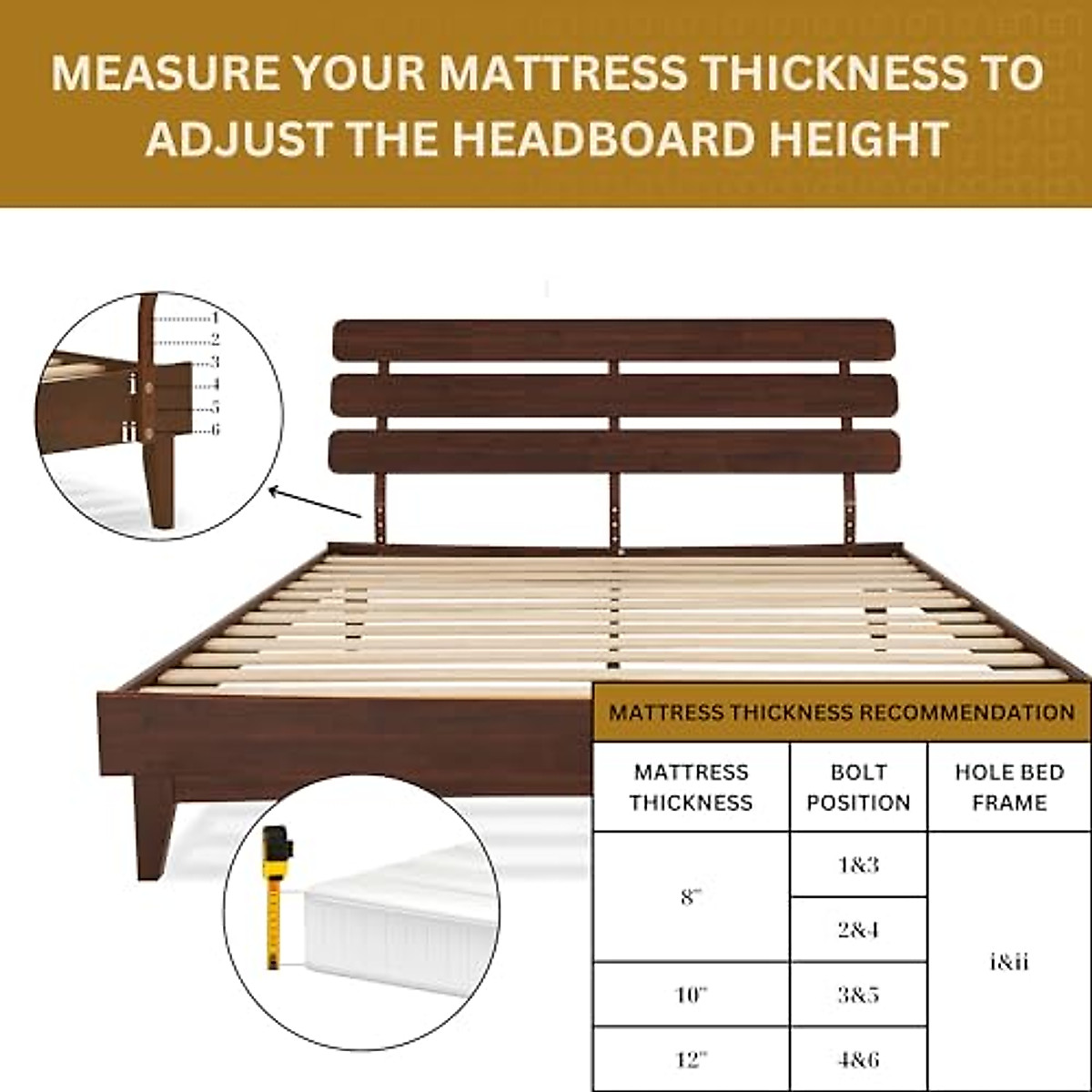 Bme Caden 15'' Bed Frame with Adjustable Headboard - Mid Century, Retro Style with Acacia Wood - No Box Spring Needed - Wood Slat Support - Easy Assembly - Walnut, King (U.S. Standard)