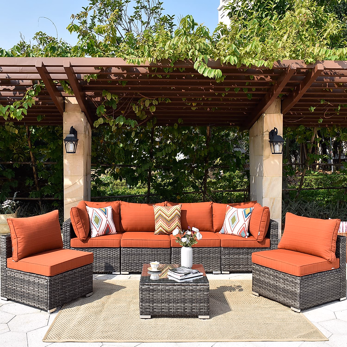 XIZZI Patio Furniture Sectional Sofa with Glass Table 7 Piece Outdoor Patio Furniture Sets All Weather Wicker Rattan Couch, Backyard Patio Conversation Sets (Orange Red)