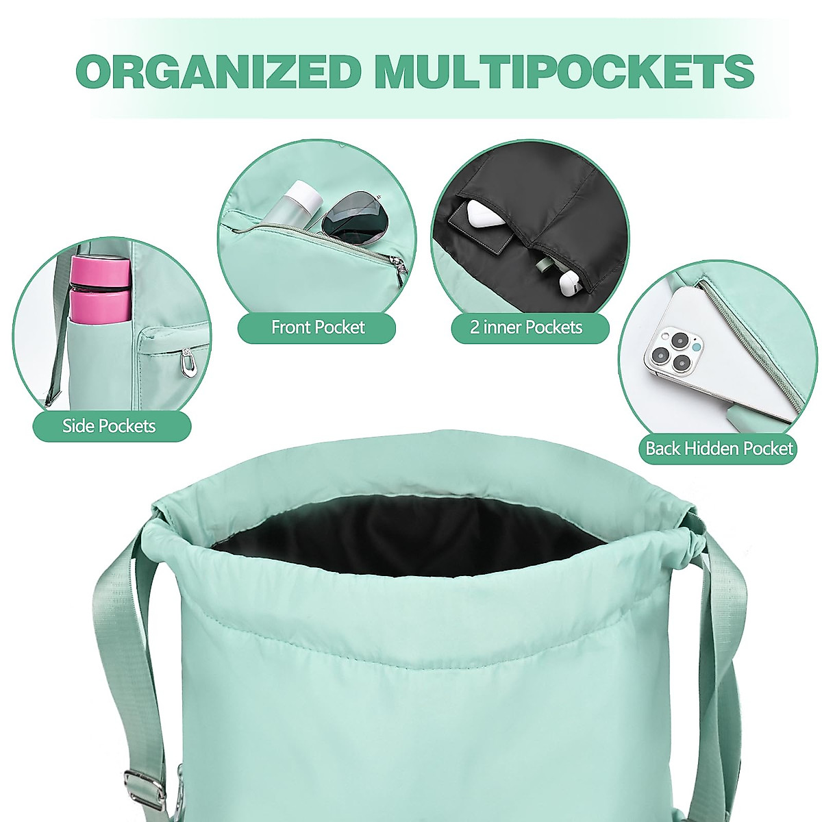 BAVELOE Drawstring Backpack with Wet Pocket Gym Backpack Water-Resistant Cinch String Bag Beach Swim for Women Men（Mint Green）