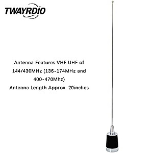 TWAYRDIO NMO Dual Band Antenna, 144MHz VHF and 430MHz UHF Two Way Antenna for Motorola Kenwood Icom Vertex Blackbox HYT Hytera Mobile Radios, Requires NMO Mount