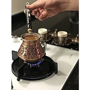BCS 12 Oz Copper Turkish Greek Arabic Coffee Pot with Wooden Handle (4 servings) Cezve Ibrik Briki Stovetop Coffee Maker (Includes Wooden Spoon)