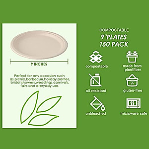 Vplus 150 Pack Paper Plates 9 inch 100% Compostable Plates Heavy-Duty Disposable Paper Plates Bagasse Natural Biodegradable Eco-Friendly Sugarcane Plates