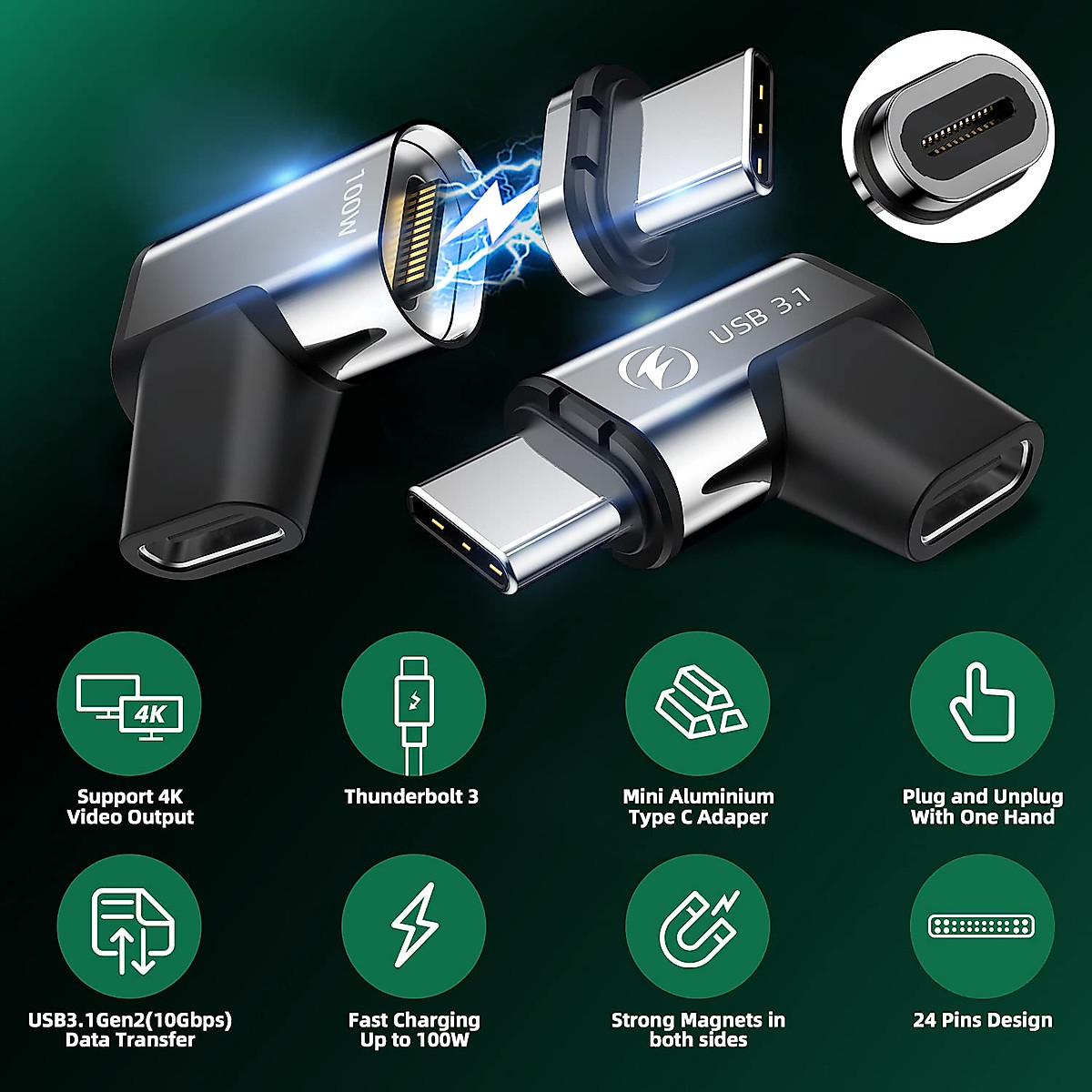 DuHeSin USB C Magnetic Adapter, (2 Pack) Magnetic USB C Adapter, 24Pins USB3.1 10Gbps Data Transfer 4K 60Hz Video PD 100w Charge Compatible with MacBook Pro/Air USB-C Laptop