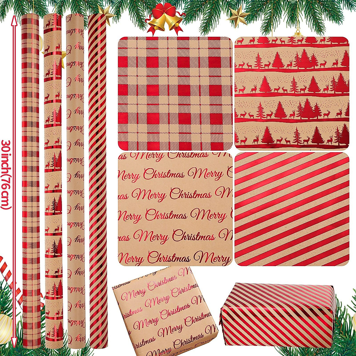 woric Jumbo Christmas Wrapping Paper 30 Inch 4 Rolls Gift Wrapping Paper Christmas Rolls, Brown Paper with Red Pattern Vintage Christmas Stocking Stuffers, 10 Feet Per Roll