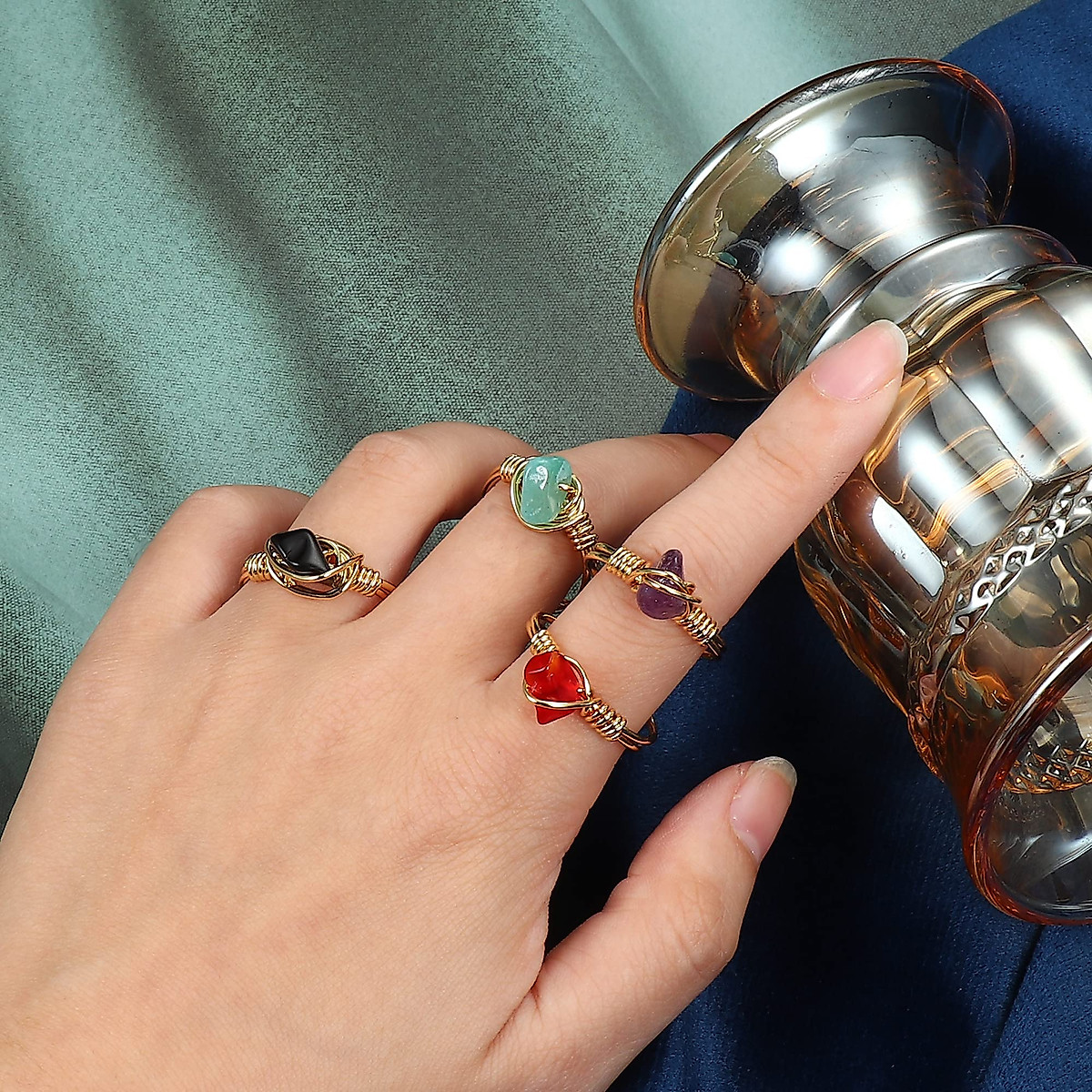 RnBLM JEWELRY 6 PCS Healing Crystal Ring for Women Irregular Crystal Gold Wire Wrapped Ring Gemstone Carnelian Rose Quartz Amethyst Evil Eye Tiger Eyes Adjustable Crystal Ring Set