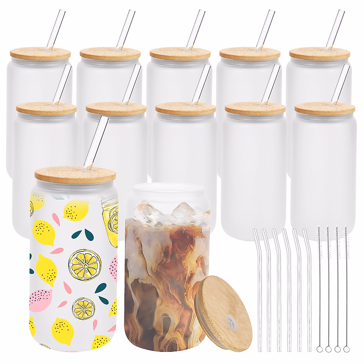 MOVNO 12 Pack Sublimation Cups - 16oz Frosted Glass Cups with Bamboo Lids and Straws Sublimation Glass Blanks Beer Can Shaped Cups Sublimation Glass Tumblers for Iced Coffee Juice Soda Drinks