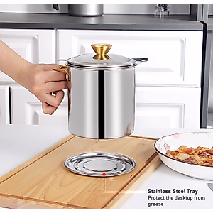 Tellshun Bacon Grease Container with Fine Mesh Strainer 1.8 L / 60 oz Stainless Steel Cooking Oil Keeper with Lid and Tray Gold Handle Suitable for Storing Hot Frying Oil Fat and Cooking Grease