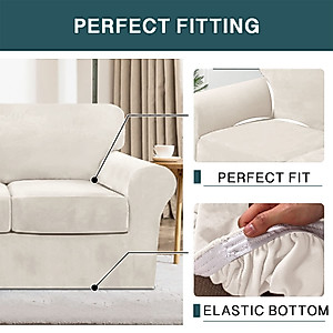 FantasDecor 3 Piece Sofa Covers Velvet for 2 Cushion Couch Stretch Loveseat Slipcover with Individual Seat Elastic Furniture Protector for Pets (Loveseat, Ivory)