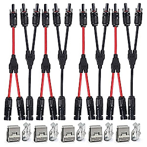 ALAMSCN 4 Pairs Solar Connector Y Branch Parallel Adapter Cable Wire Plug 2 to 1 Male Female Connectors (M/FF, F/MM) for Solar Panel with PV Cable Clips
