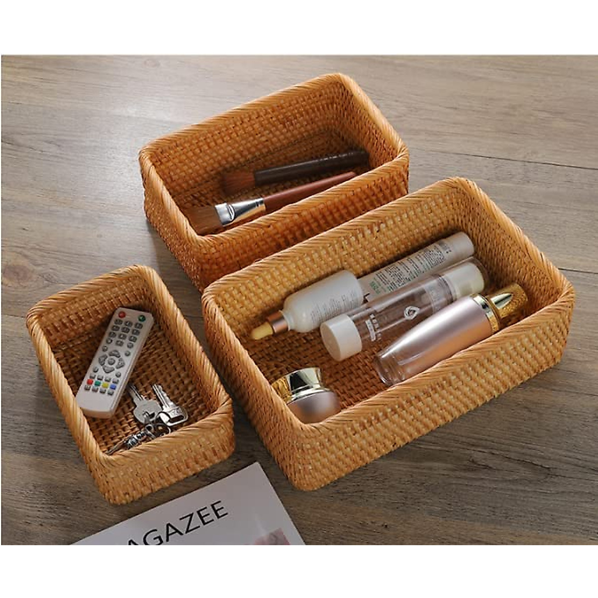 YANGQIHOME Natural Rattan Storage Baskets, Rectangular Woven Fruit Baskets, Wicker Decoration and Organizer for Bathroom, Living Room (Set of 3)