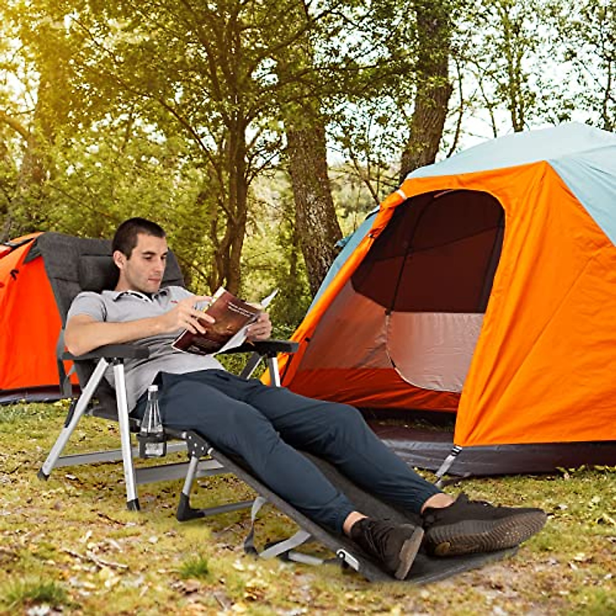 Goplus Chaise Lounge Chair, Folding Outdoor Patio Lounger with Cup Holder & Detachable Headrest, Comfortable for Garden Beach Pool Sunbathing, 7-Position Adjustable (1, Grey)