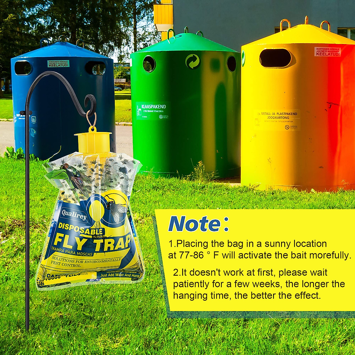 Qualirey 4 Pack Fly Traps Outdoor Hanging, Disposable Fly Killer Trap Bag Catcher for Outside Farms, Pastures, Chicken Coops, Stables, Barns, Horse, Garbage Cans, Garbage Ponds, Yard, Backyard, Patio