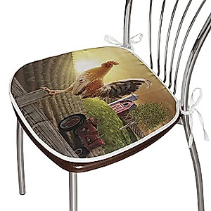 Lunarable Country Chair Pad Set of 6, Farm Barn Yard Image Rooster Animal Early Bird Nature and Rising Sun Print, Water Resistant Pillow with Ties Dining Room Kitchen, 15" x 15", Pale Brown Red