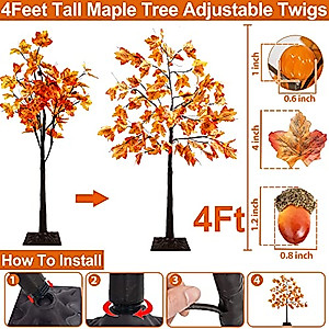TURNMEON 4 Feet Prelit Maple Tree Fall Decorations Fall Tree Decor with Timer Pumpkin Lights 60 LED Warm Lights Acorn Brown Battery Box Thick Fall Tree Autumn Thanksgiving Indoor Outdoor Party