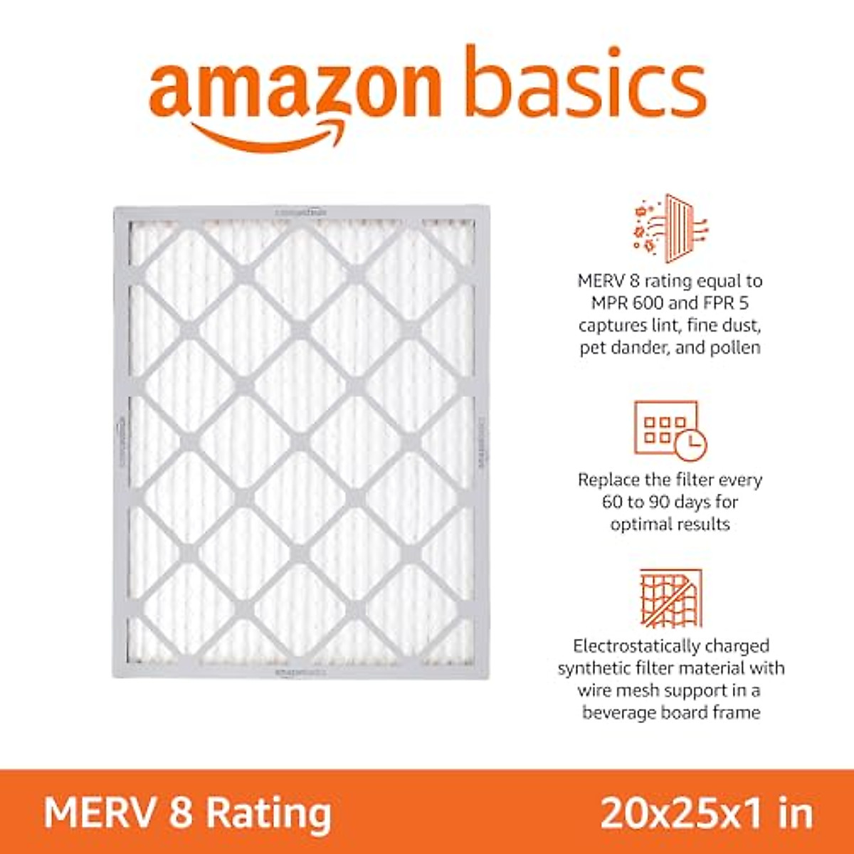 Amazon Basics Merv 8 AC Furnace Air Filter - 20'' x 25'' x 1'', 6-Pack