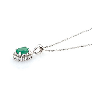 10k White Gold Oval Emerald and Diamond Halo Necklace