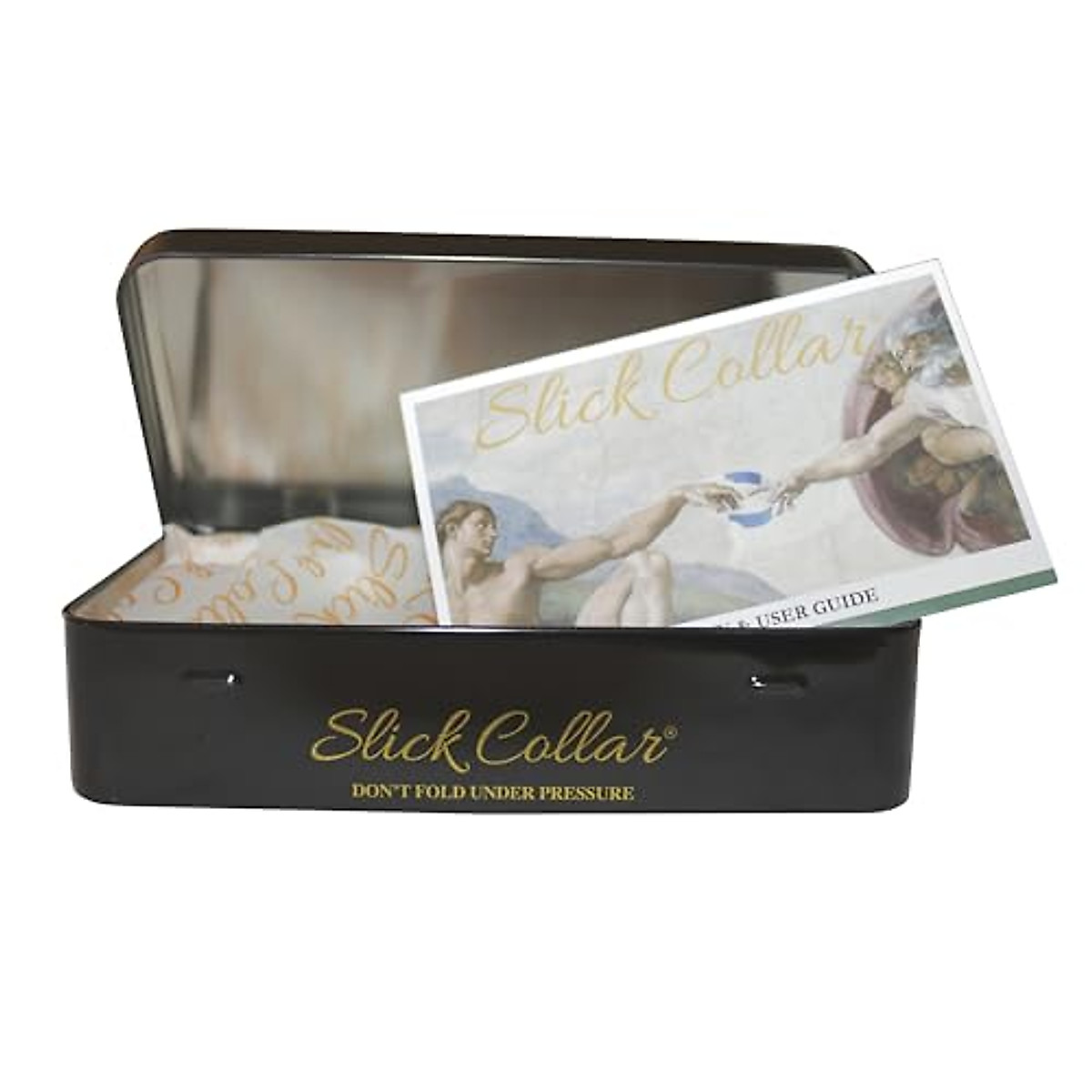 Slick Collar Shirt Collar Support System set with 3 adjustable, 10 premium Collar Stays & a Durable tin Travel EDC Box Black