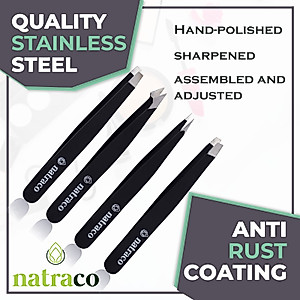 Natraco Tweezer Set - Slanted & Pointed Stainless Steel Professional Tweezers for Eyebrows - Sharp Precision for Facial Hair, Splinters, and Tick Remover – 4 Pack, Black
