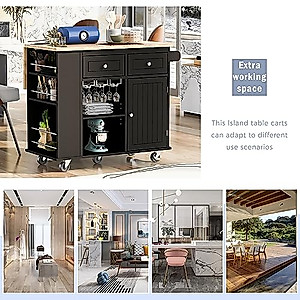 Gustonhon Kitchen Island with Drop Leaf,Dining Table Trolley with Power Outlet and Rubber Wood,Open Storage and Wine Rack,5 Wheels,with Adjustable Storage for Home, Kitchen, and Dining Room (Black)