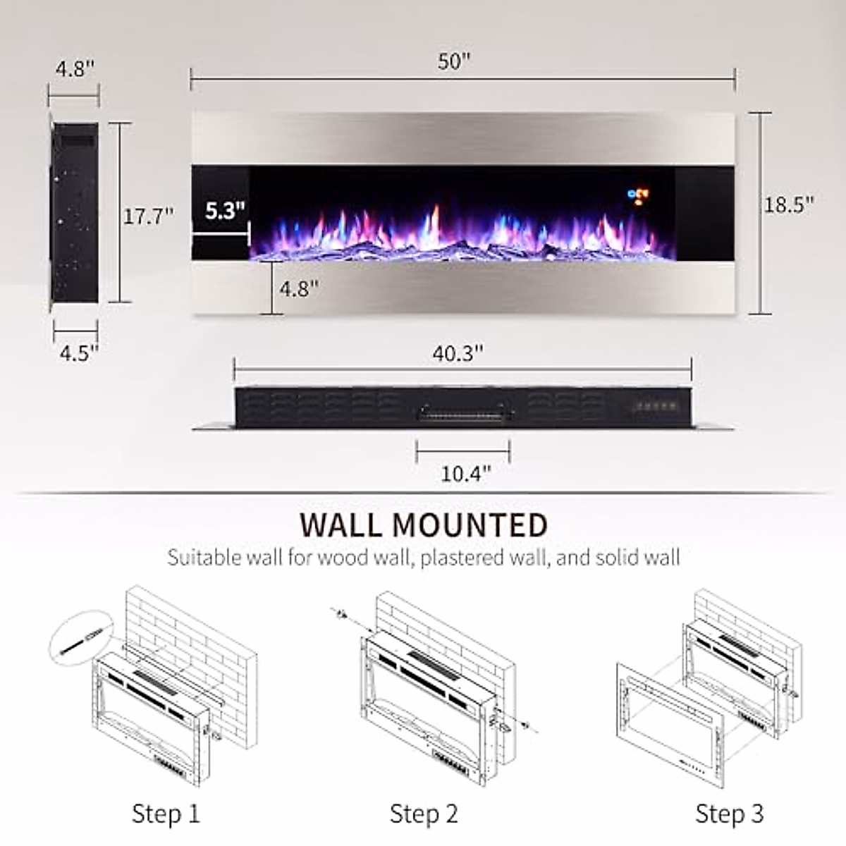 AMERLIFE 50" Wall Mount Electric Fireplace with Remote Control, Floating Fireplace Heater with Adjustable Flame Colors & Heater, Top-Vent, Low Noise, 750W/1500W, Stainless Steel Frame, Black