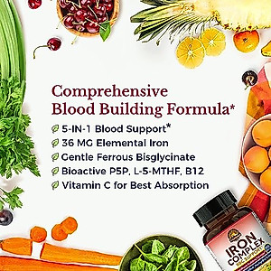 Vitalitown Iron Complex, Complete Blood Building Formula, Ferrous Bisglycinate, Active B6, Folate, B12, Red Blood Cell Support, Best Absorption, Once Daily, 60 Vegan Caps