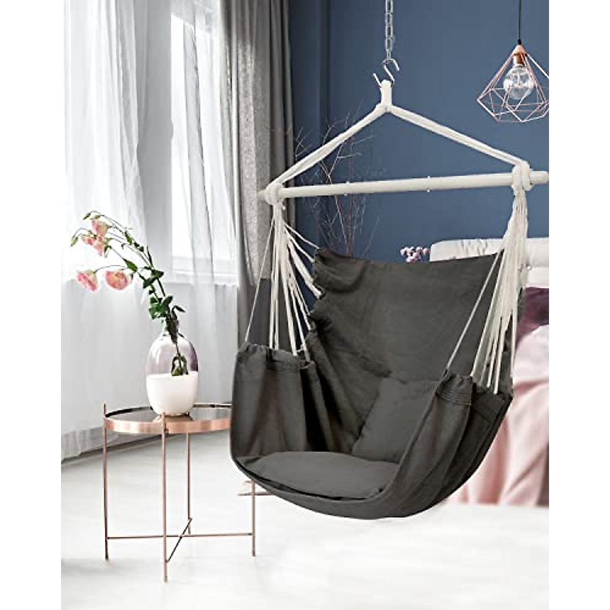 Miztli Hammock Chair Hanging Chair Swing for Bedroom with Anti-Slip Steel Spreader Bar, Max 500 Lbs, All The Hanging Hardwares Included, Best for Indoor Outdoor, 2 Cushions