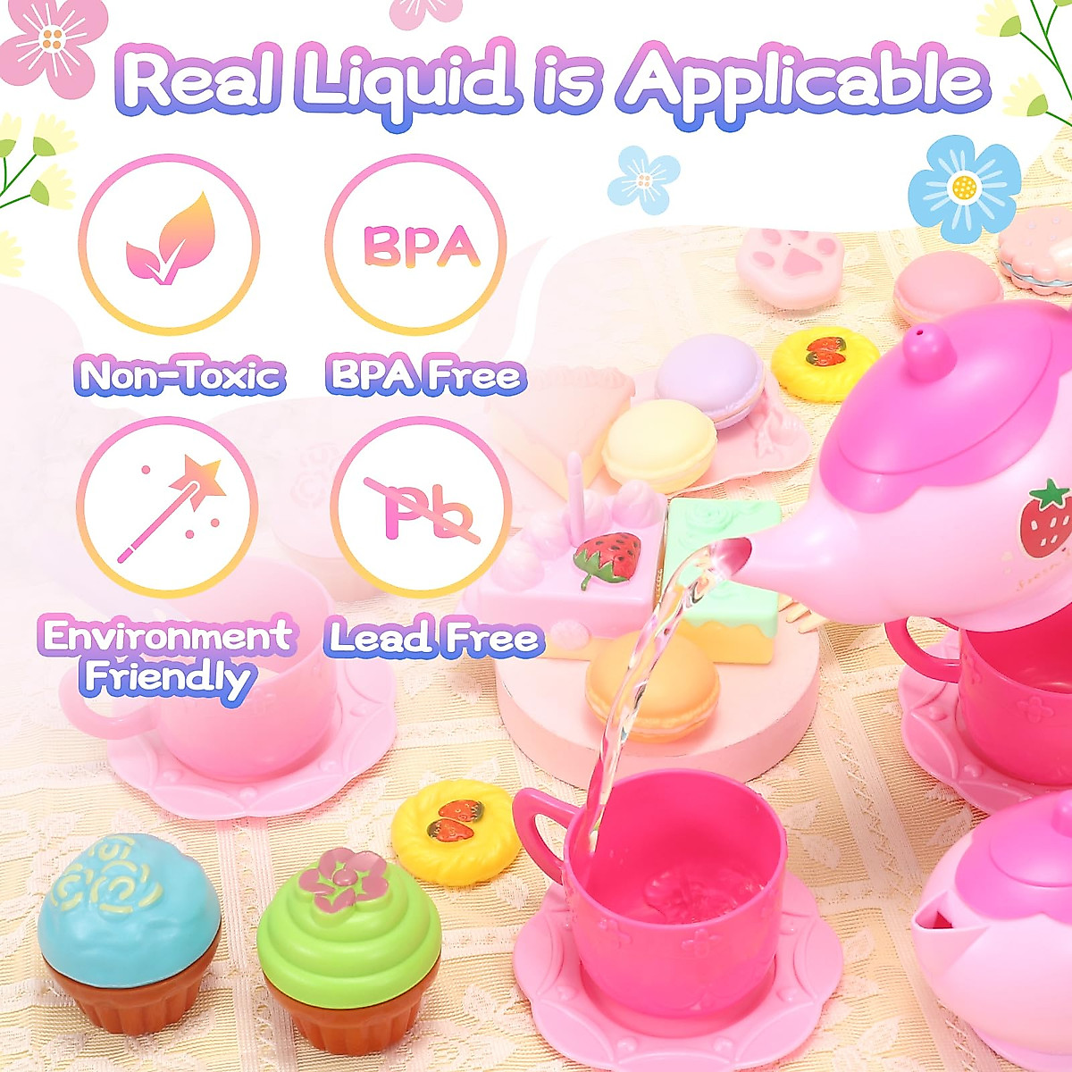 Tagitary Tea Party Set for Little Girls,Toys Tea Set Princess Pretend Play Toys,Including Dessert Cookies Teapot Cups Tablecloth and Carrying Case,Learning Toys Birthday Party Gift for Toddlers