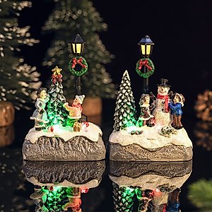 Mudder 2 Pieces Christmas Village Houses Decorations Led Light up Christmas Tree Christmas Snowman Light Christmas Decorations Figurines Buildings Landscape Lamppost Dector