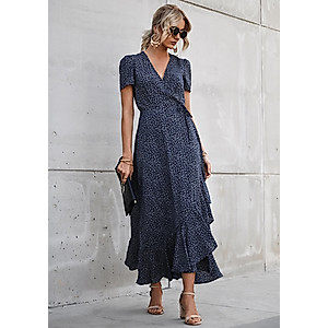 PRETTYGARDEN Women's Summer Wrap Maxi Dress Casual Boho Floral V Neck Short Sleeve Ruffle Hem Split Beach Long Dresses (Blue,Large)