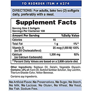 Puritan's Pride Absorbable Calcium with Vitamin D 3 1000iu Softgels, 1200 mg, 200 Count