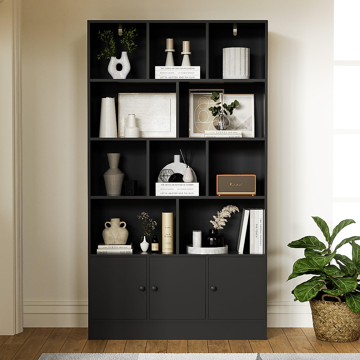 Anystyle Black 13 Cube Bookshelf, 5-Tier Bookcase Storage Cabinet with 3 Doors for Bedroom, Living Room