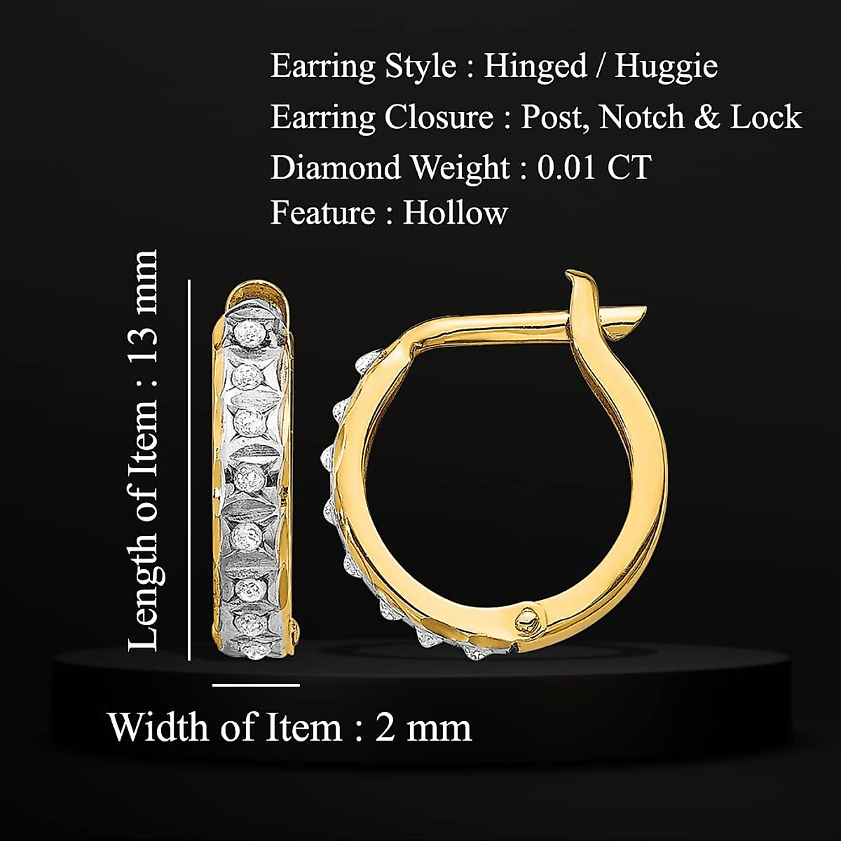 Diamond2Deal 14k Yellow Gold Diamond Hoop Earrings Fine Jewelry for Women (L-13 mm, W-2 mm)