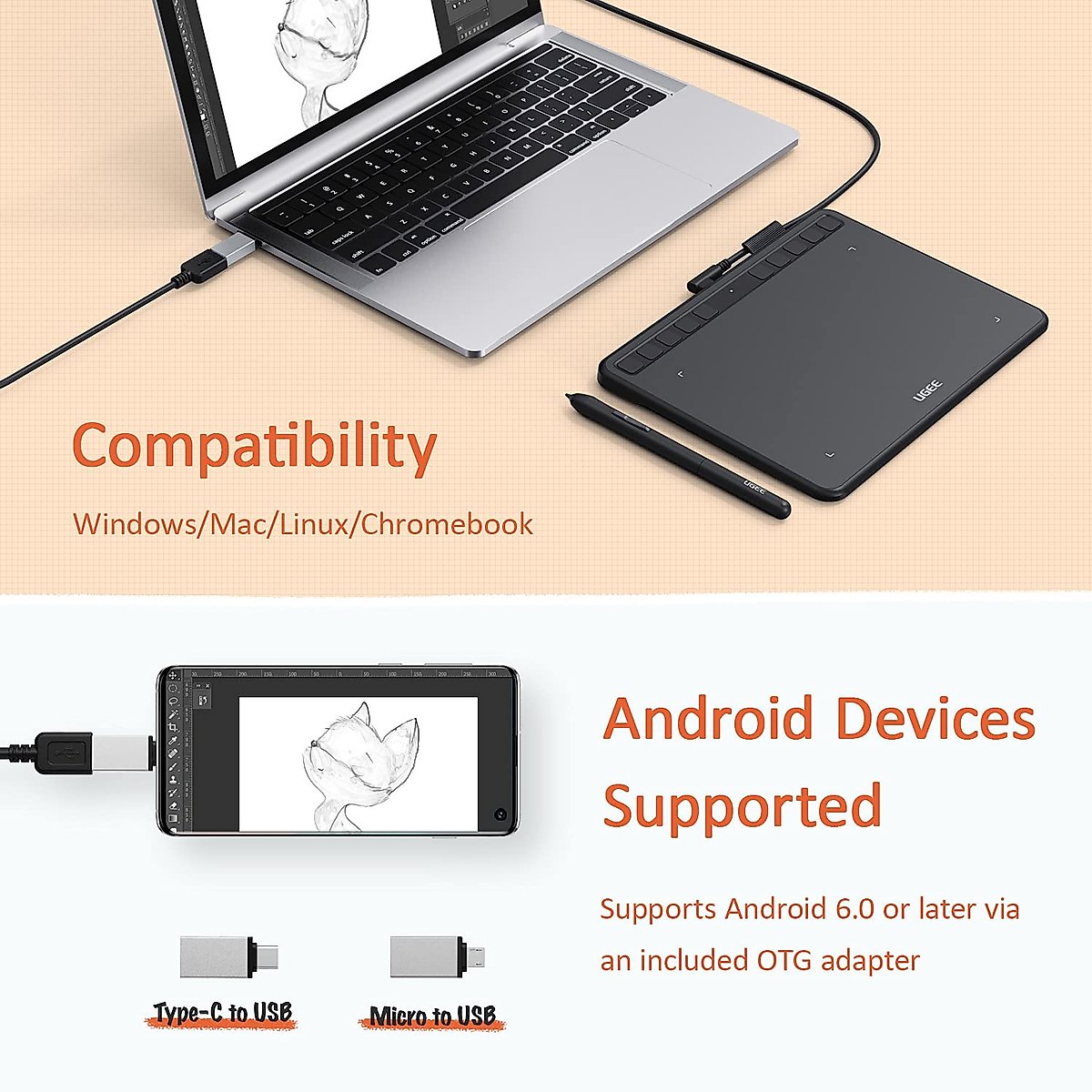 UGEE S640 Graphics Drawing Tablet, Digital Draw Art Pad with Pen Battery-Free Stylus Tilt Function 8192 Levels Pressure Sensitivity 10 Express Keys for Mac, Windows PC and Android