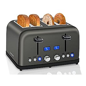 SEEDEEM Toaster 4 Slice, Bread Toaster with LCD Display, 6 Shade Settings Stainless Toaster, 1.5'' Wide Slots, Digital Toaster for Bagel, Defrost, Reheat, Dual Control, Removable Crumb Tray, 1500W, Dark Metallic