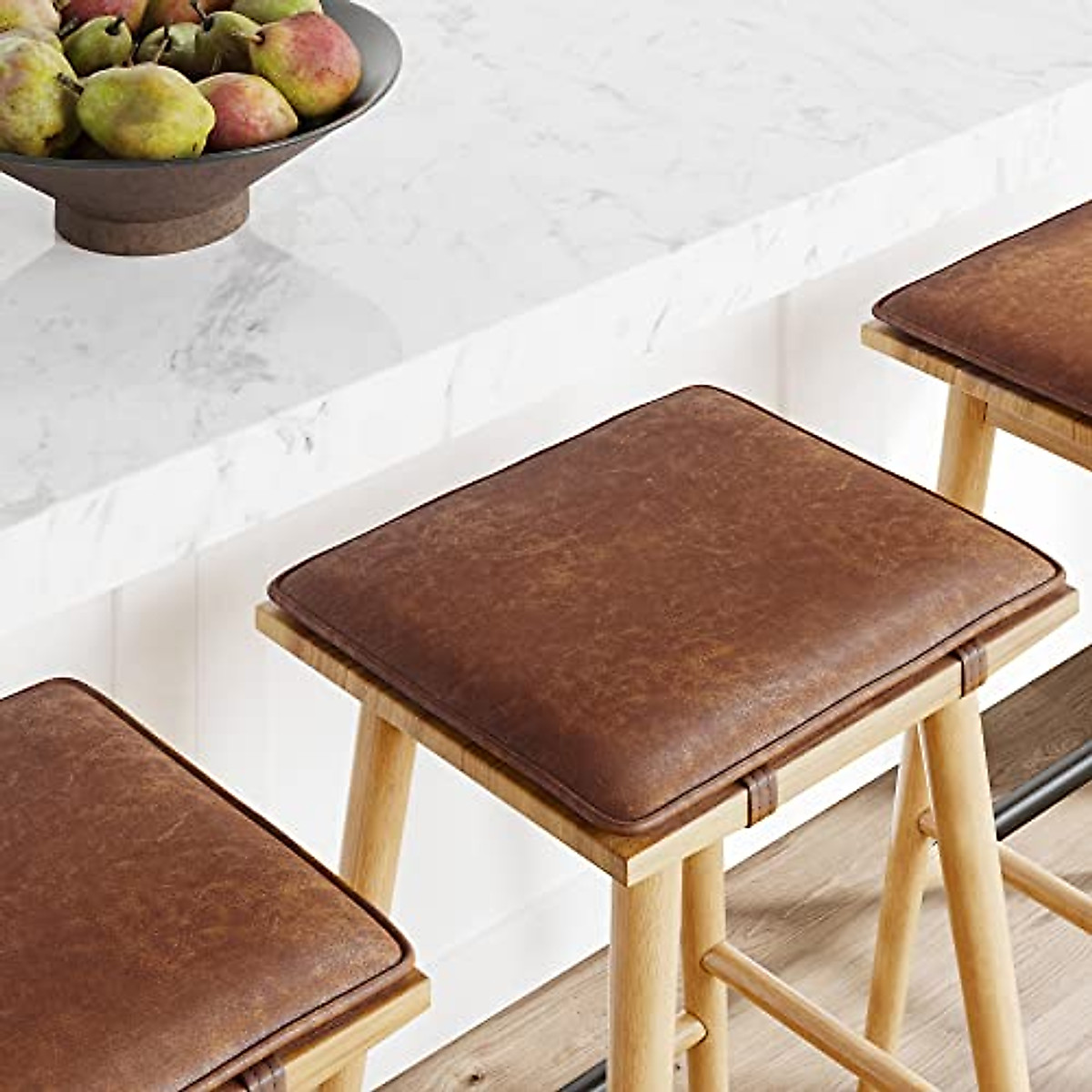 Nathan James Barker Classic Counter Height Wood Barstool with Leather Removable Cushion, Backless Island 24" Bar Stool for Kitchen, Chestnut Brown