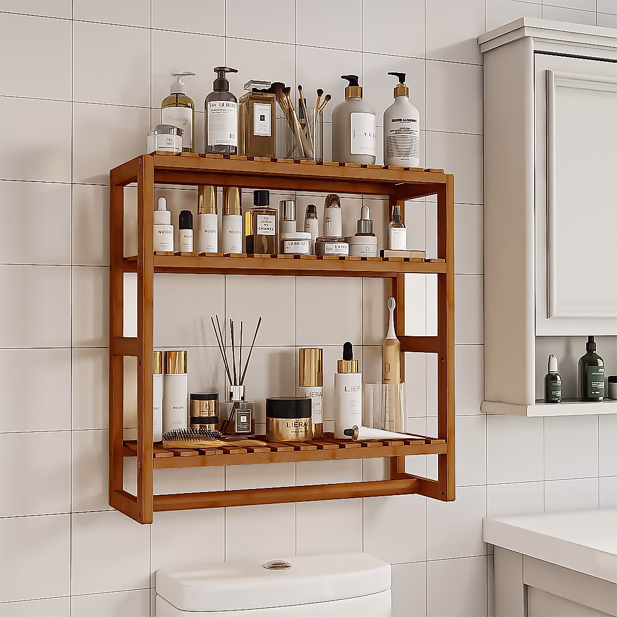 Galood Over The Toilet Storage Bathroom Organizers and Storage Shelves Adjustable 3 Tiers Floating Shelves for Wall Mounted Shelves with Hanging Rod (Brown)
