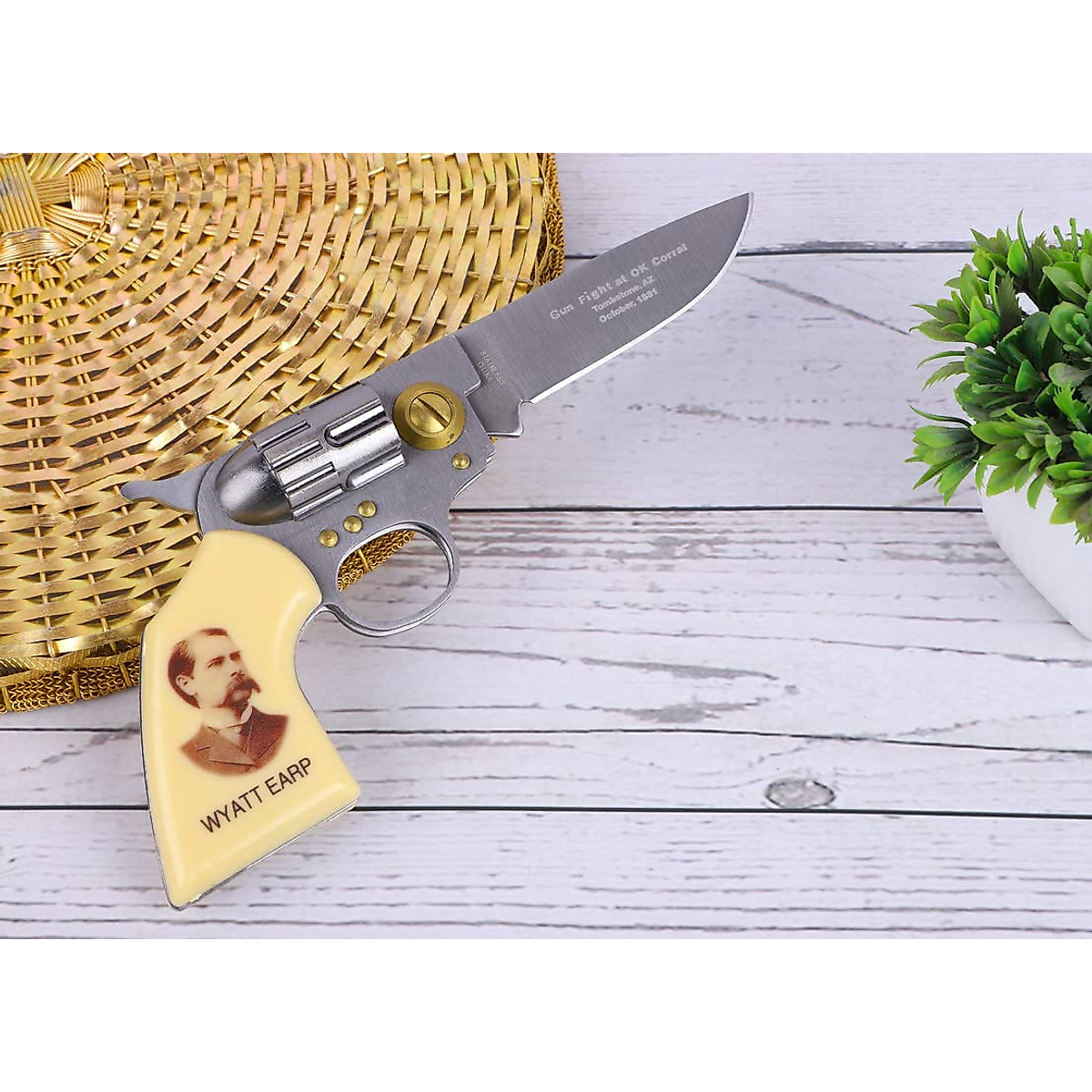 Trendy Zone 21 Folding Wyatt Earp Folding Knife, 7.5 inch Open Pocket Knife with Printed Portrait of Wyatt Earp| Comes with Small Knife 2.75" long (Open) with a printed Collectible Tin Box